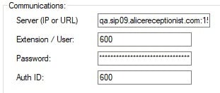 ALICE Directory – Configuration Communications Tab (SIP Settings)
